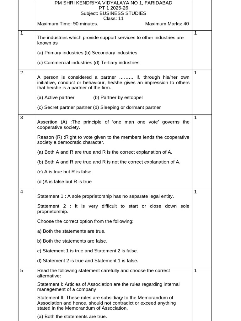 11 Commerce BST Question Paper For PT125-26 PT 1 | PDF