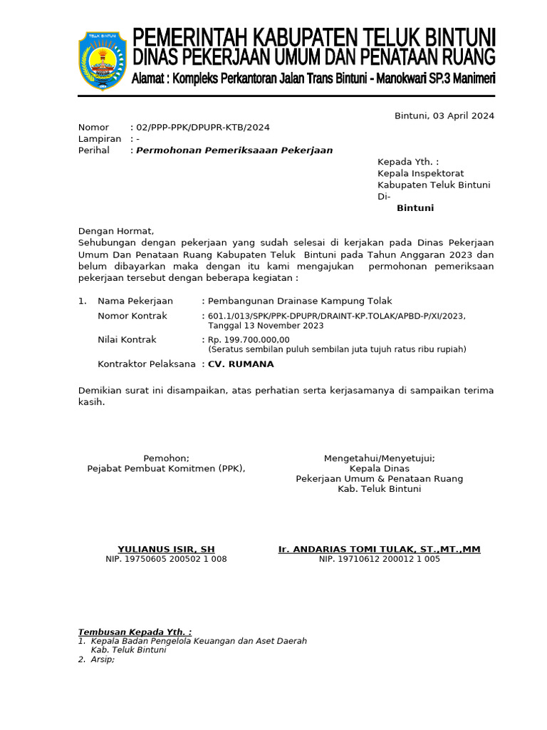 Surat Permohonan Pemeriksaan Inspektorat | PDF