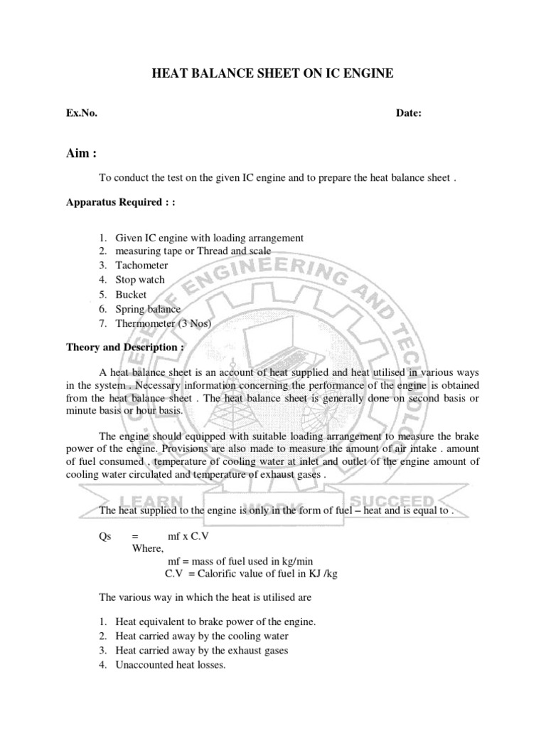 Heat Balance Sheet On Ic Engine | PDF | Engines | Heat