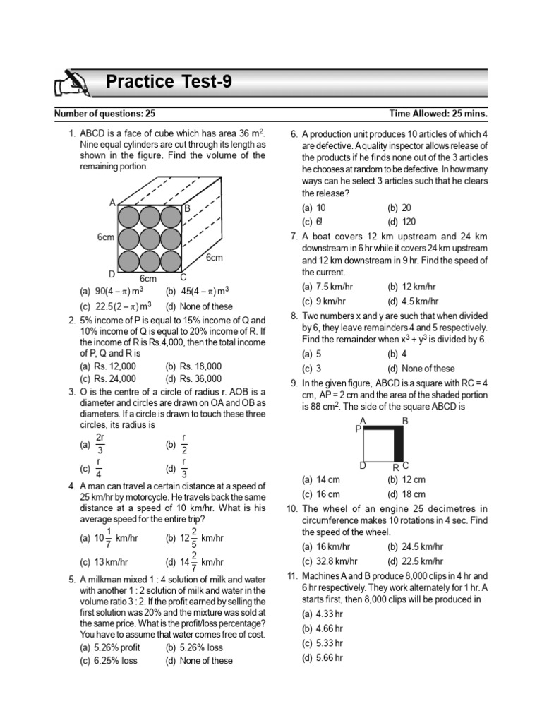 Quantitative Aptitude Practice Paper 9 | PDF | Volume | Euclidean Geometry