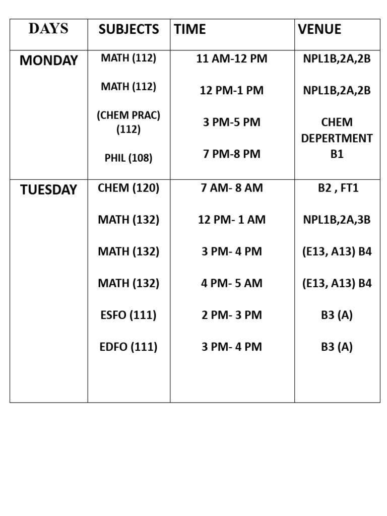 Weekly Class Schedule Overview | PDF