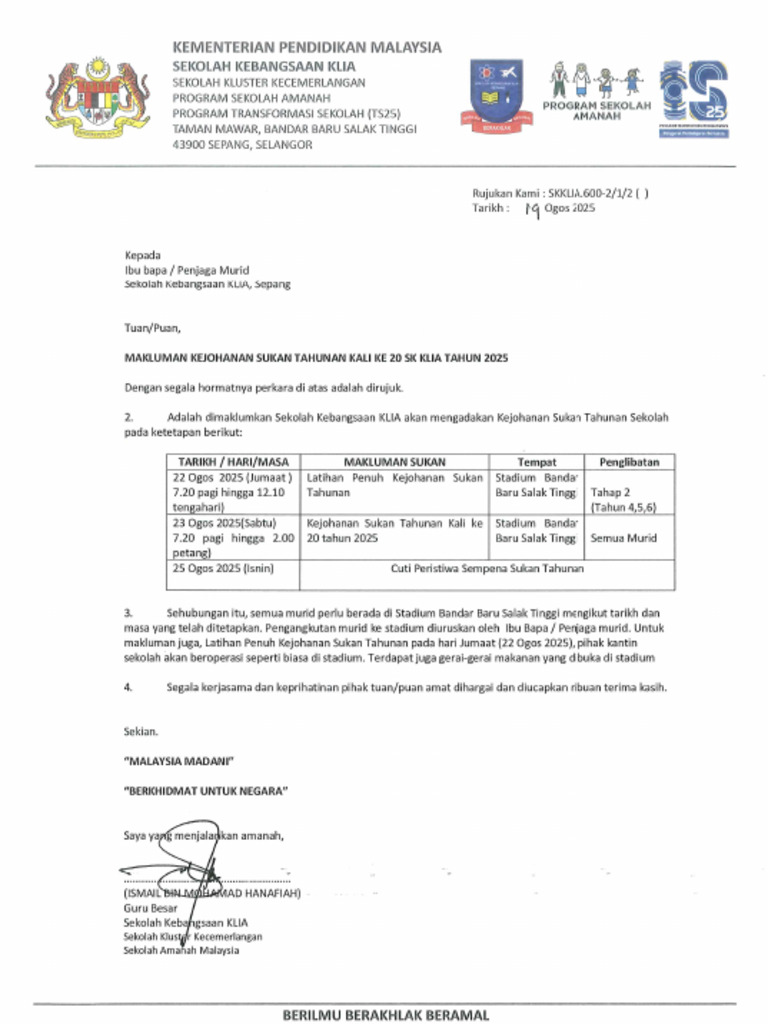 Kejohanan Sukan Tahunan SK KLIA 2025 | PDF