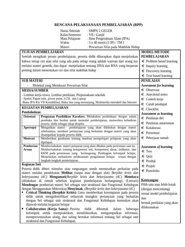BAB III RPP IPA IX Pewarisan Sifat Pada Makhluk Hidup | PDF
