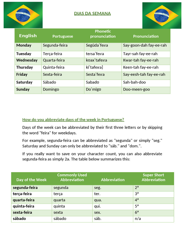 Portuguese Days of the Week Guide | PDF | Linguistics | Astrology