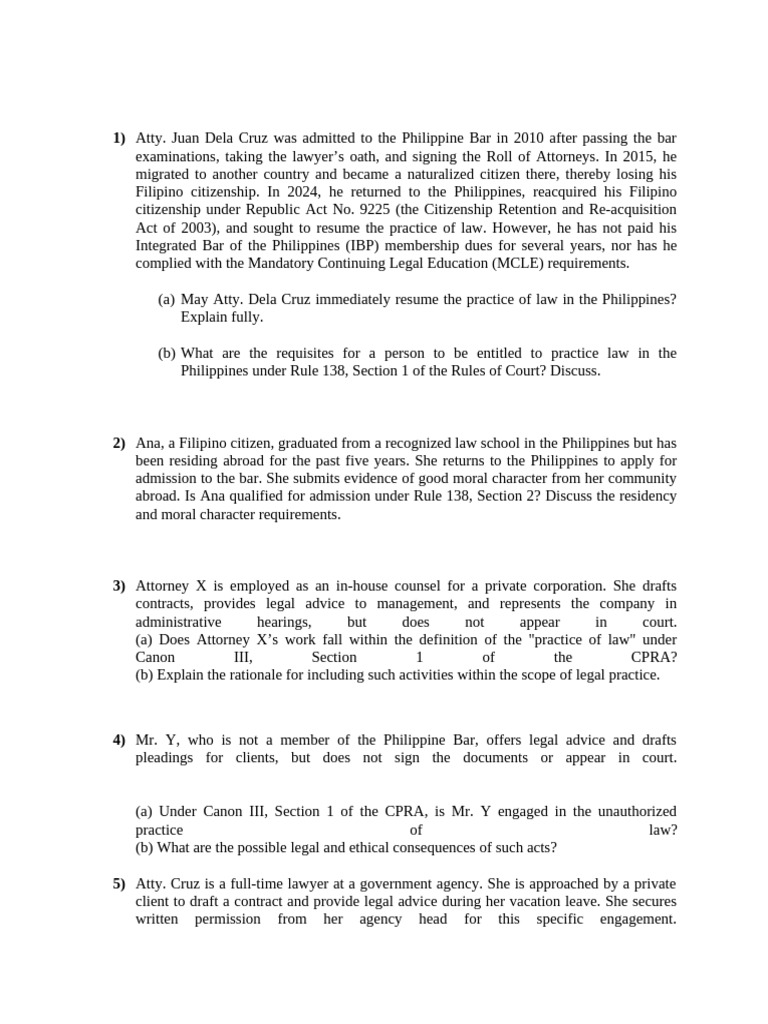 Sample Bar Questions Legal Ethics | PDF | Lawyer | Practice Of Law