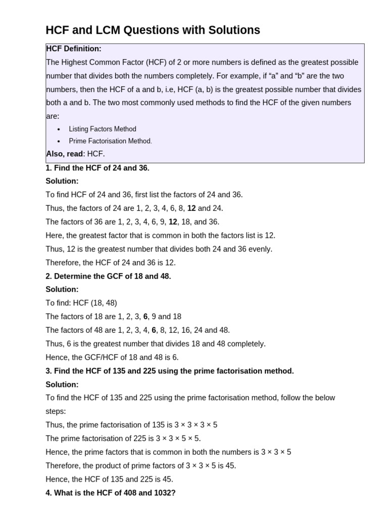 HCF and LCM Questions With Solutions | PDF | Factorization | Number Theory