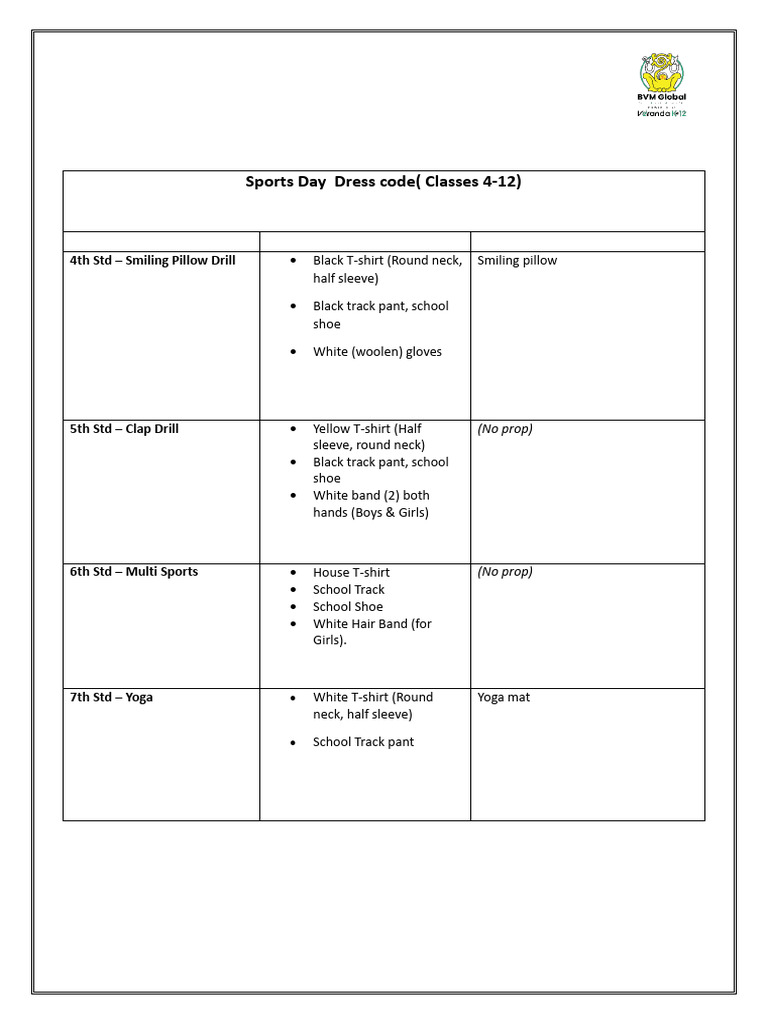 BVM GLOBAL SCHOOLSports Day Dress Code - 23 Aug 25 | PDF