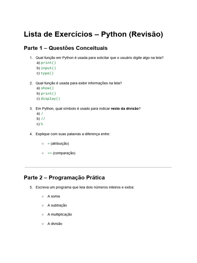 Lista de Exercícios – Python (Revisão) | PDF
