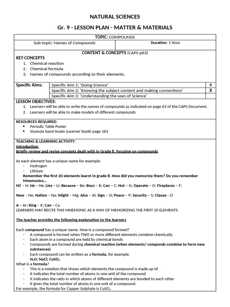 Grade 9 Lesson Plan: Compounds & Reactions | PDF | Acid | Chemistry