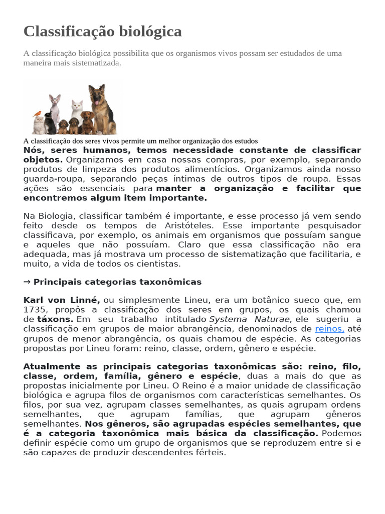 Classificação Biológica dos Organismos | PDF | Taxonomia (Biologia ...