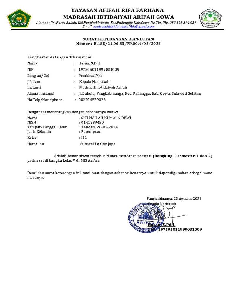 Surat Keterangan Beprestasi - Siti Nailah Kumala Dewi | PDF
