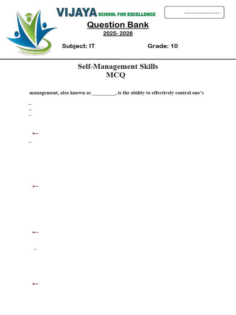 Self-Management Skills MCQ Question Bank | PDF | Motivation | Motivational