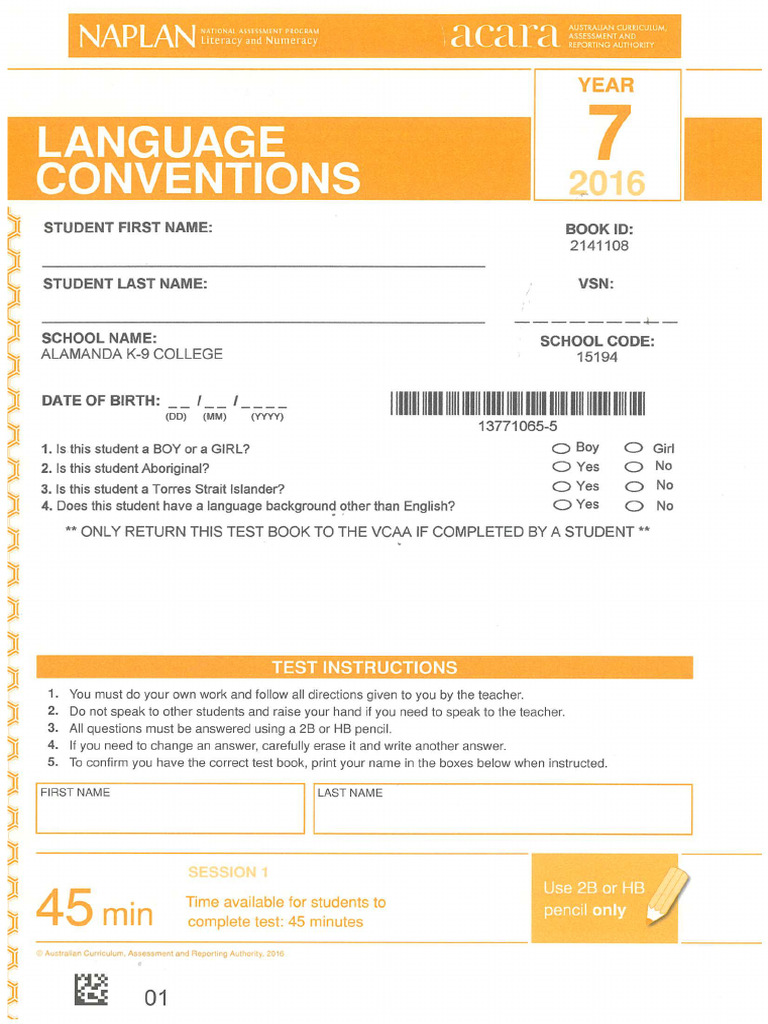 2016 NAPLAN Language Conventions Test Paper - Year 7 | PDF