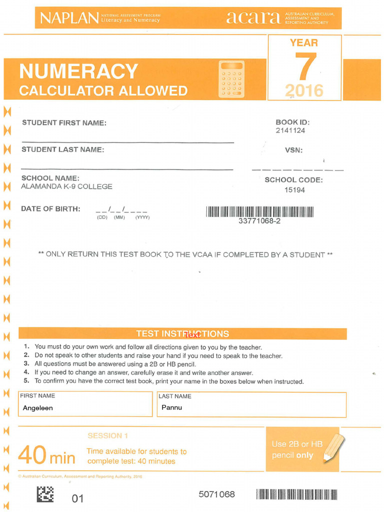 2016 NAPLAN Numeracy Test Paper-Calculator - Year 7 | PDF