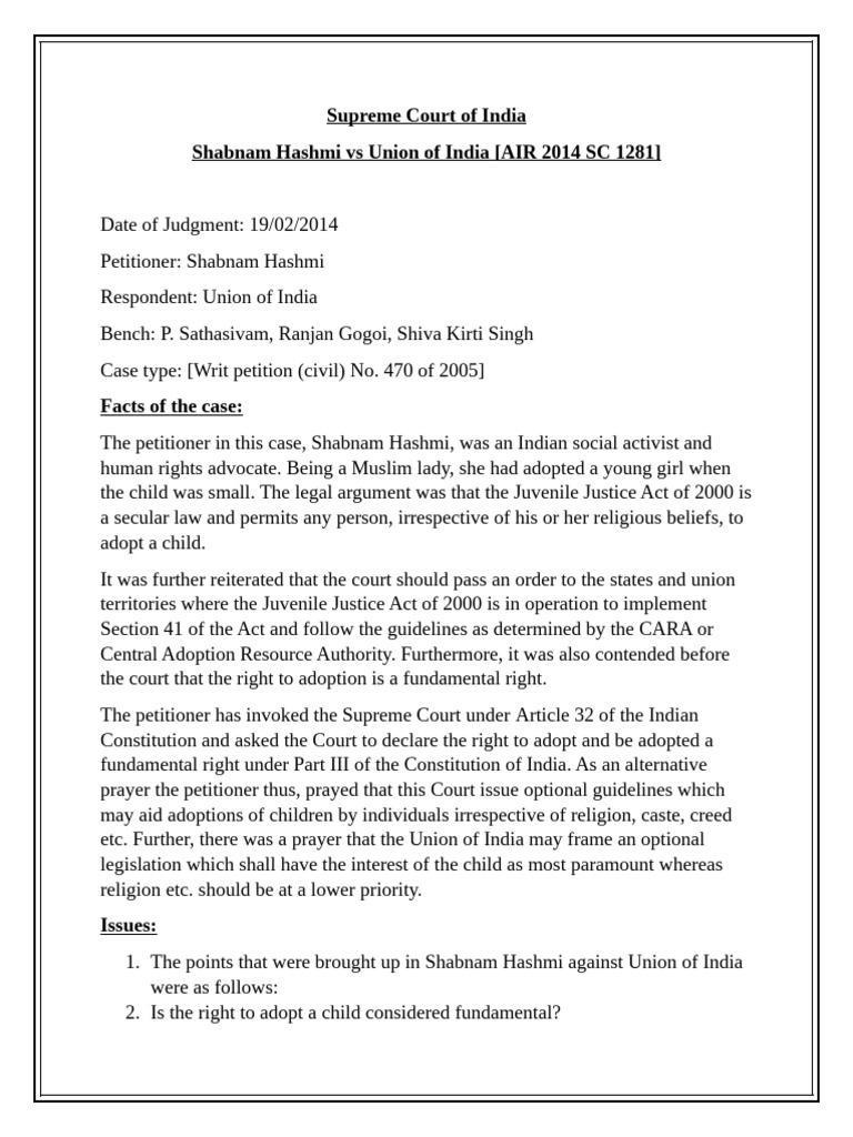 Shabnam Hashmi v. UOI, 6th September (SACHIN YADAV) | PDF | Adoption ...