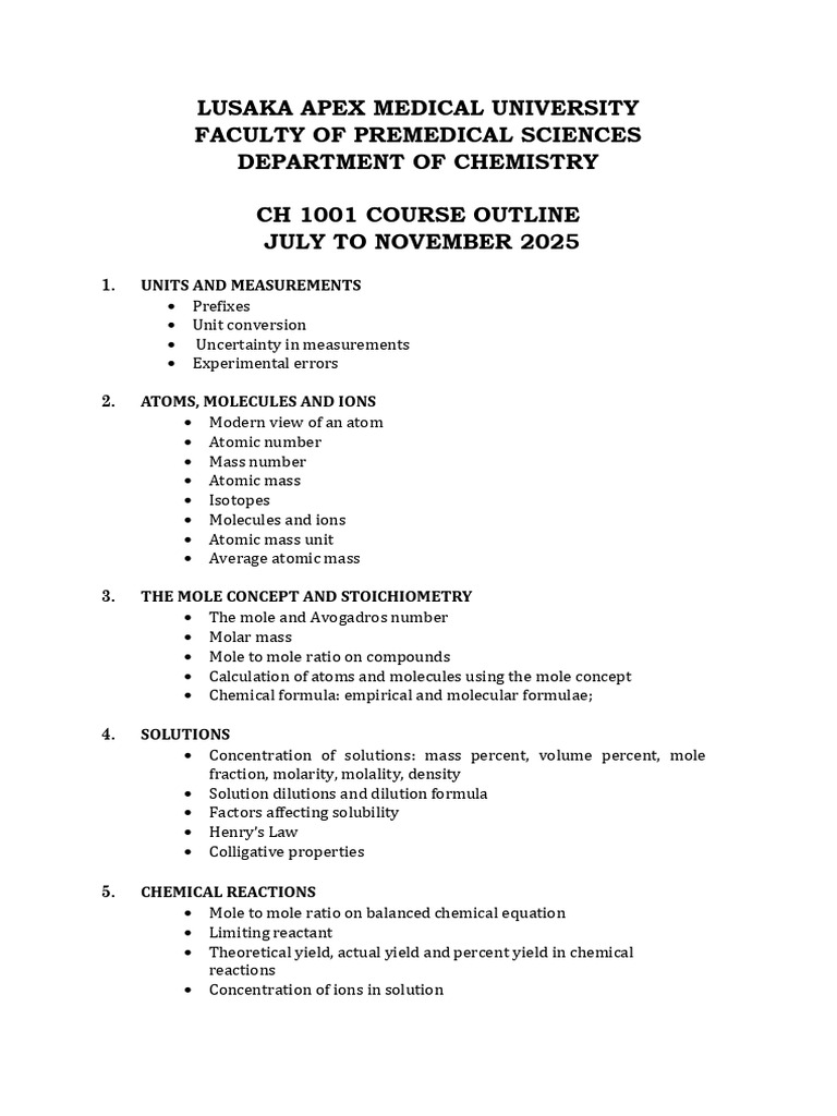 CH 1001 Course Outline - July To November 2025 | PDF | Chemical ...