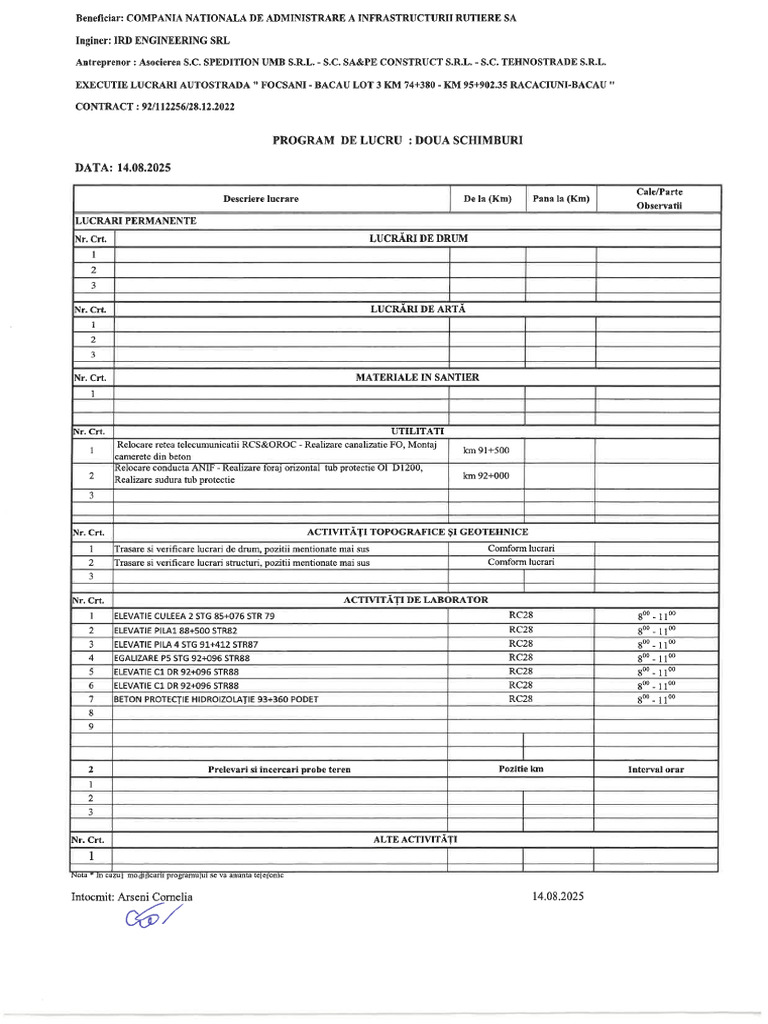 Program Zilnic de Lucru 14.08.2025, Focșani - Bacau, Lot.3 | PDF