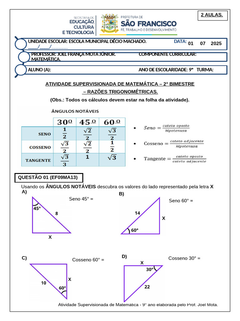 Atividade Supervisionada - Razões Trigonométricas. | PDF