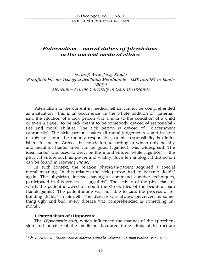 Ancient Medical Ethics and Paternalism | PDF
