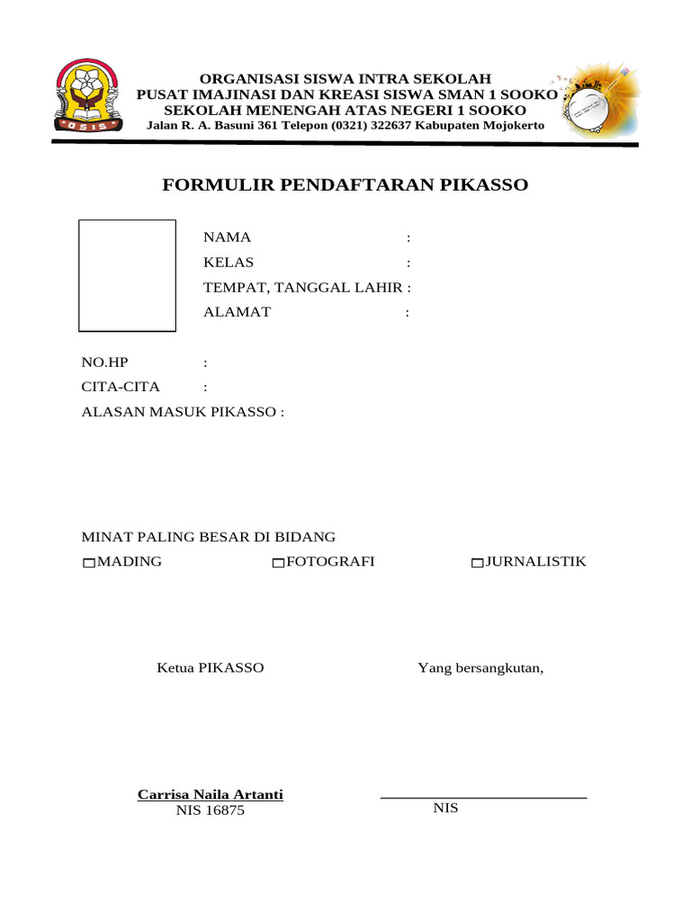 Formulir Pendaftaran PIKASSO (1) | PDF