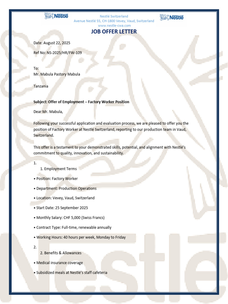Nestle Job Offer Mabula Pastory Mabula | PDF | Employment | Nestlé
