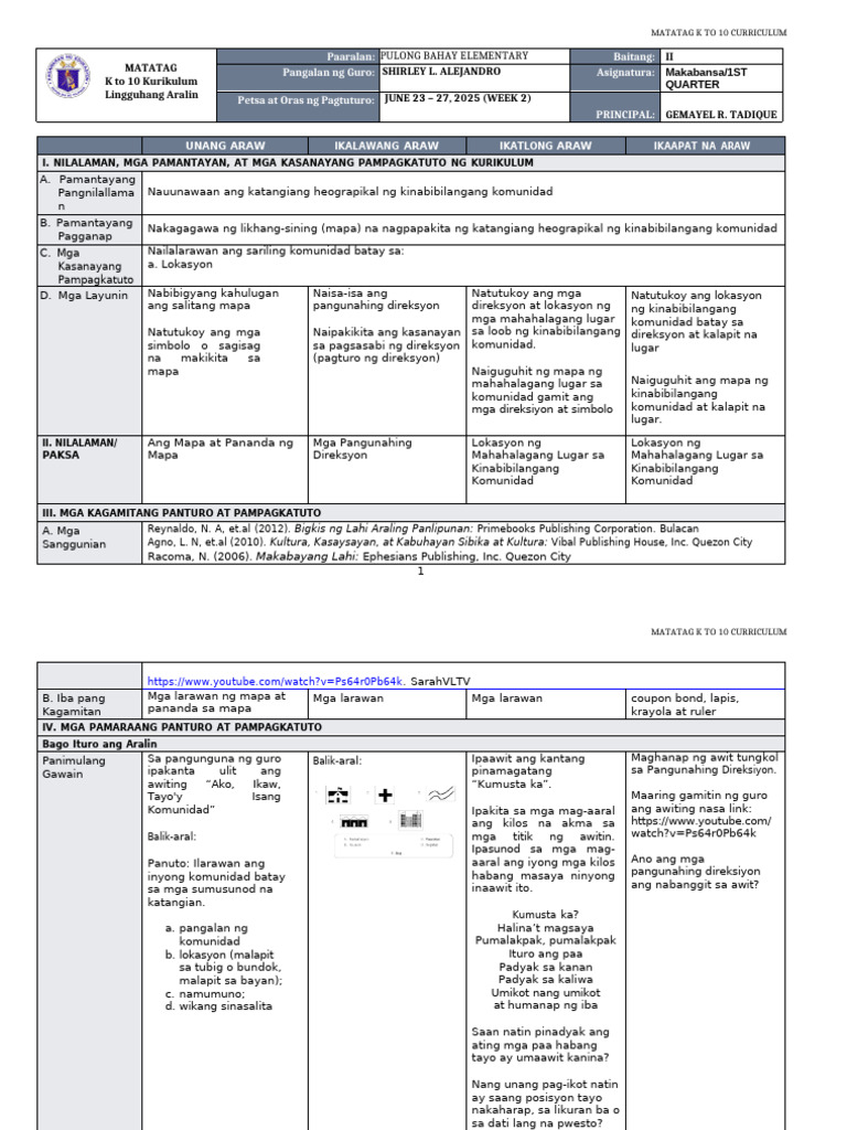 Dll Matatag Makabansa 2 q1 w2 | PDF