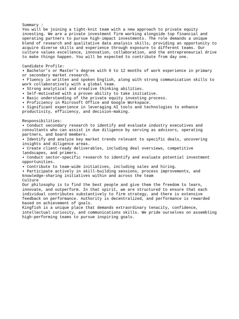Kingfish Group: Private Equity Role | PDF