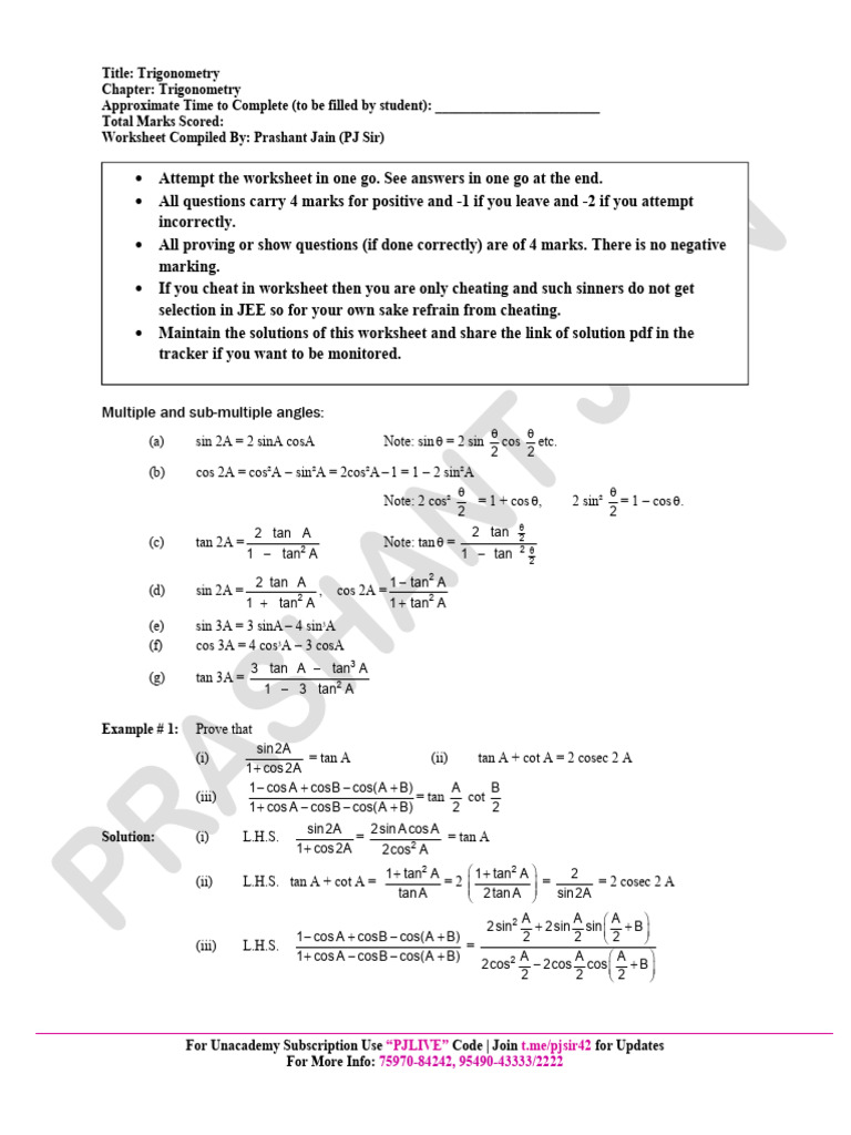Worksheet - 3 Multiple & Submultiple Angles | PDF | Elementary Mathematics | Combinatorics