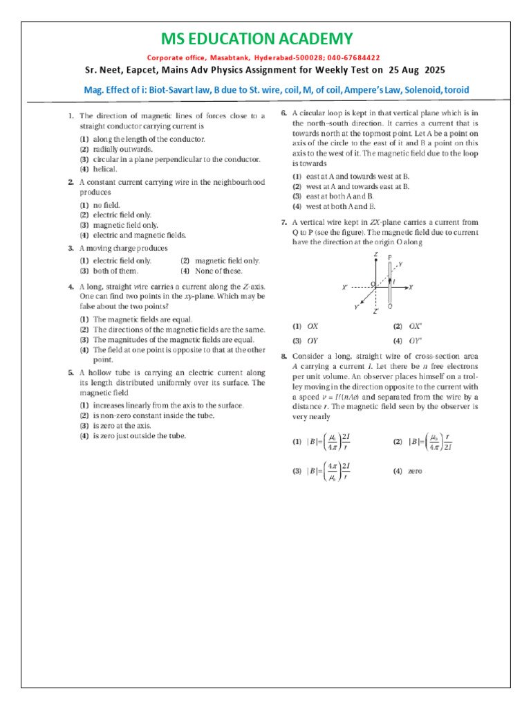 Sr. Neet, Eapcet, Mains Adv Physics Assginment (25 Aug 2025) | PDF