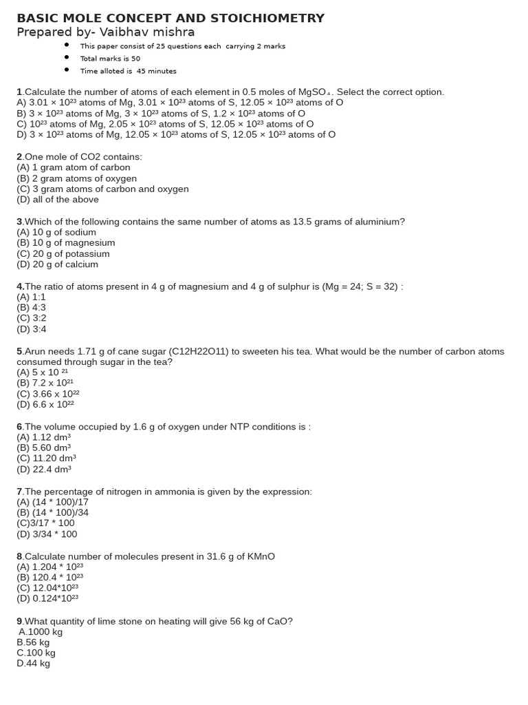 Mole Concept and Stoichiometry Quiz | PDF | Mole (Unit) | Molecules