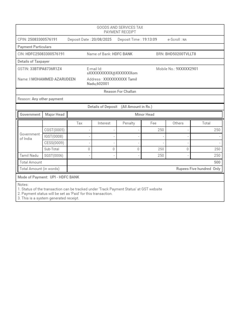 GST Payment Receipt - HDFC Bank | PDF
