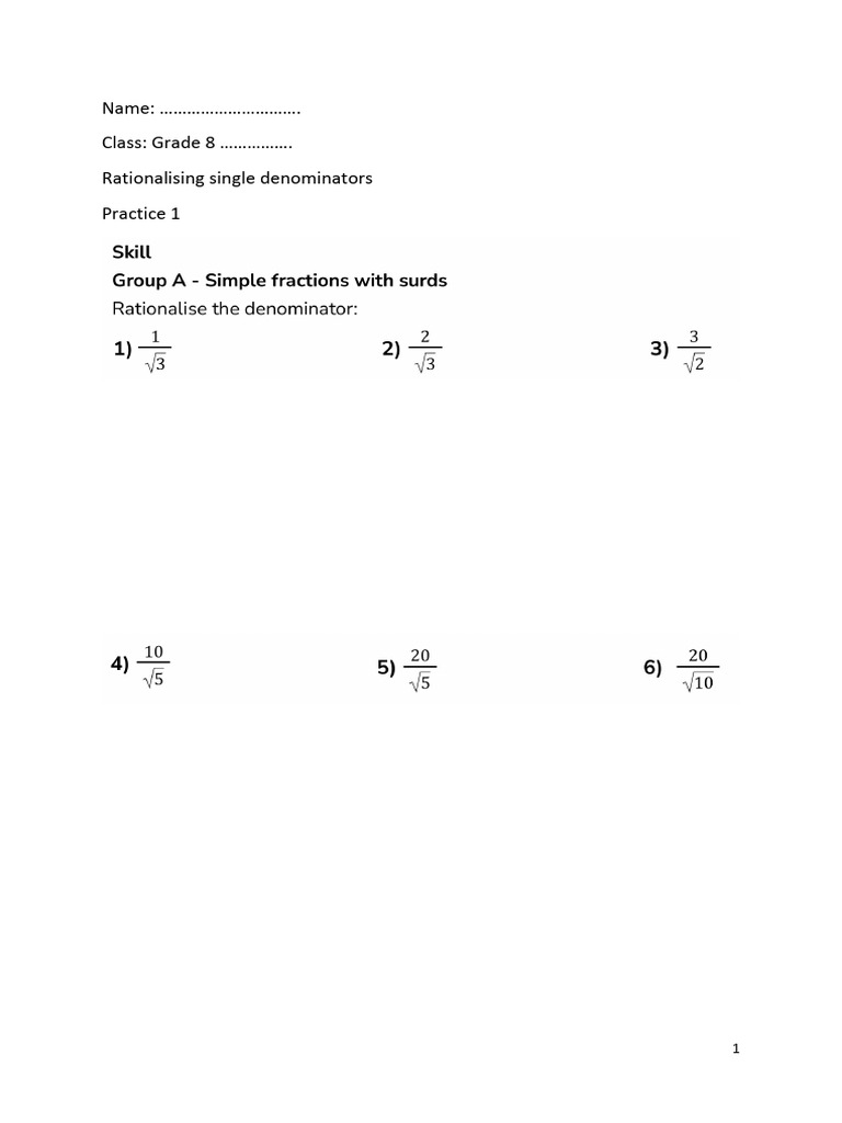 G8 CHP 1 Surds Rationalising Single Denominator Practice 1 | PDF