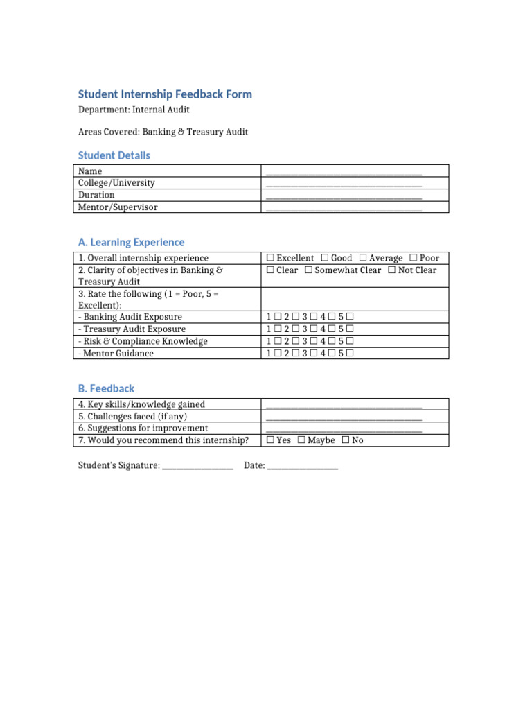 Student Internship Feedback Form | PDF