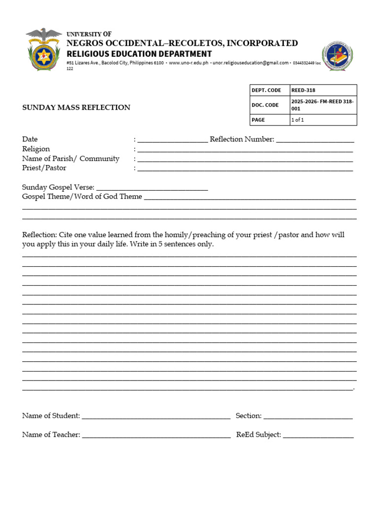 Sunday Mass Reflection Format Reed | PDF | Mass (Liturgy)