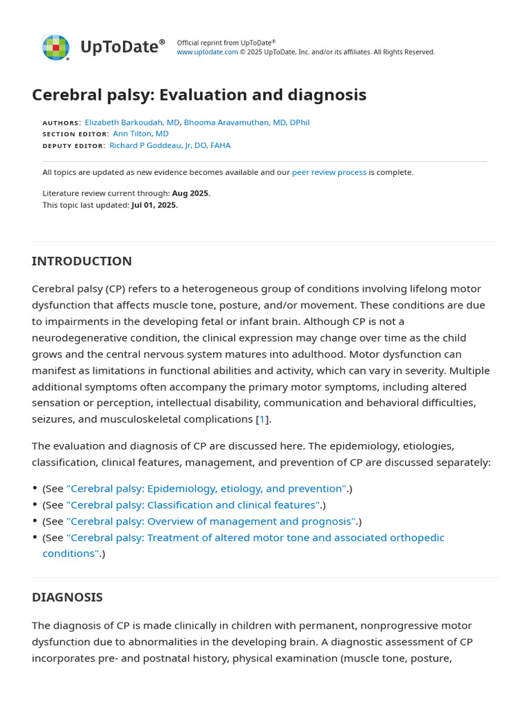 Cerebral Palsy - Evaluation and Diagnosis - UpToDate | PDF | Cerebral ...