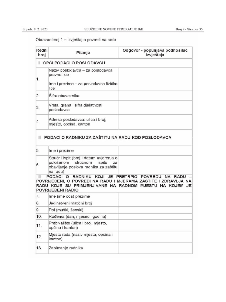 Povreda Na Radu Obrazac | PDF