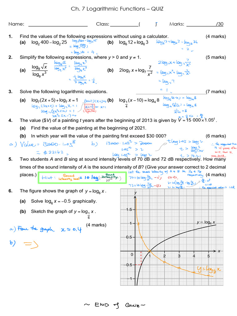 Solution Quiz CH 7 Logarithmic function | PDF | Arithmetic | Mathematics