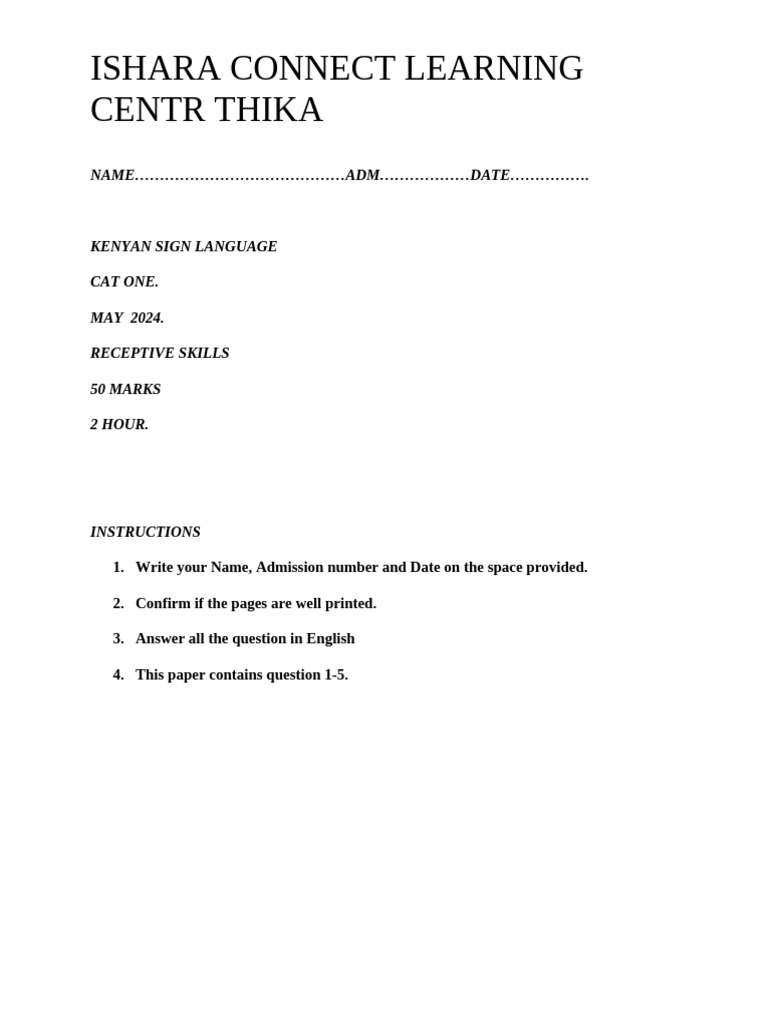 Receptive Exam Cat 1 May Ishara 2024 | PDF