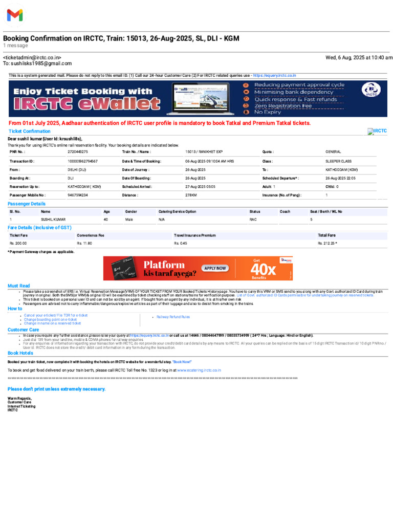 Gmail - Booking Confirmation On IRCTC, Train - 15013, 26-Aug-2025, SL, DLI - KGM | PDF | Service ...