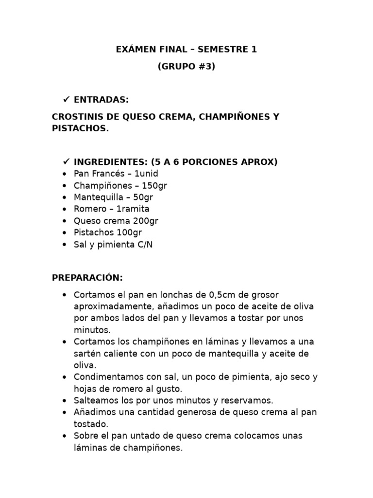 Exámen Final - Semestre I - Grupo3 | PDF | Queso crema | Panes