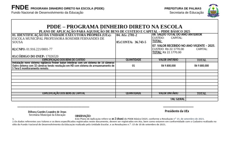 Modelo Plano de Aplicação Pdde Basico 2025 | PDF