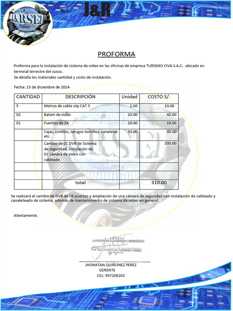 Proforma Instalacion de Sist. Video Seguridad | PDF