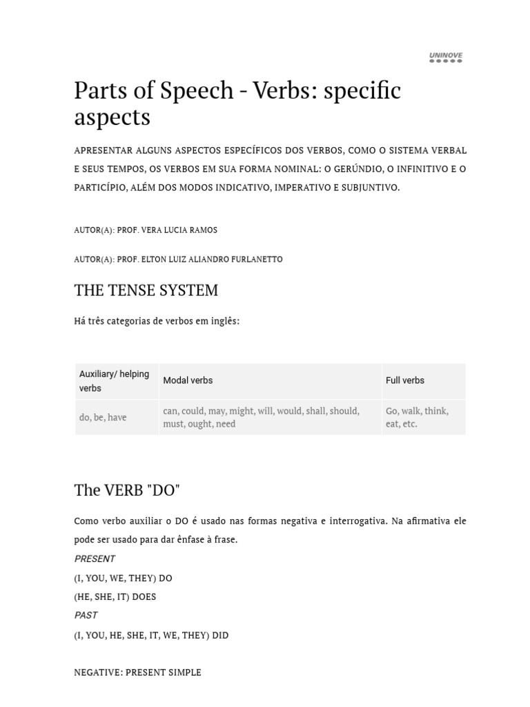 AVA UNINOVE Verbs Especifs Aspects | PDF | Linguistic Morphology ...