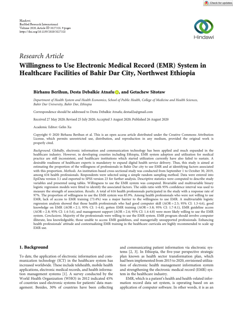 BioMed Research International - 2020 - Berihun - Willingness To Use ...