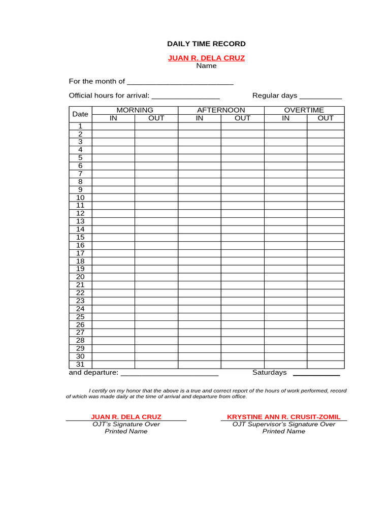 Daily Time Record Template | PDF
