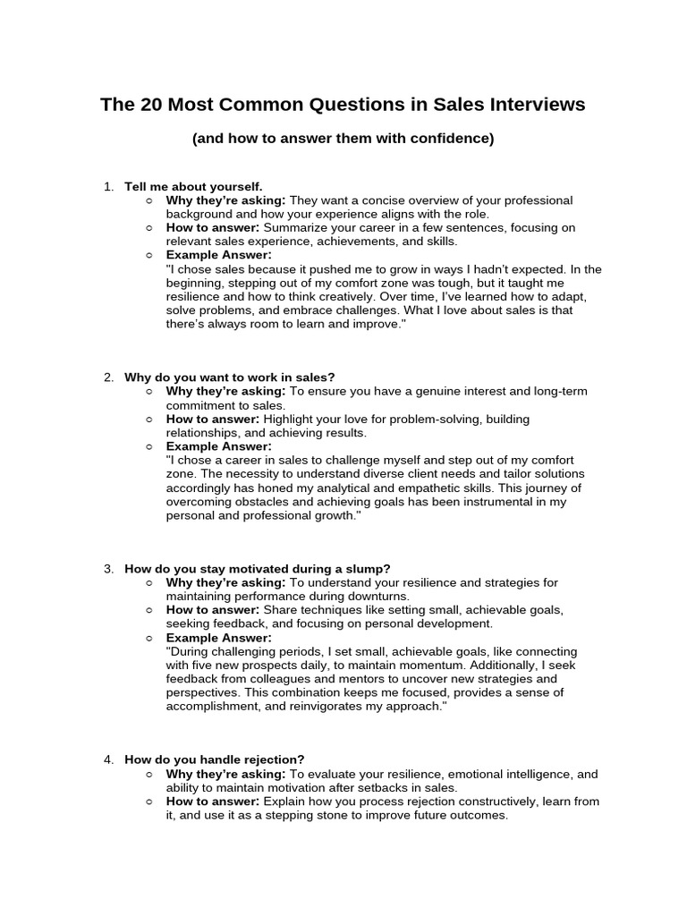 Top 20 Sales Interview Questions & Answers | PDF | Leadership ...