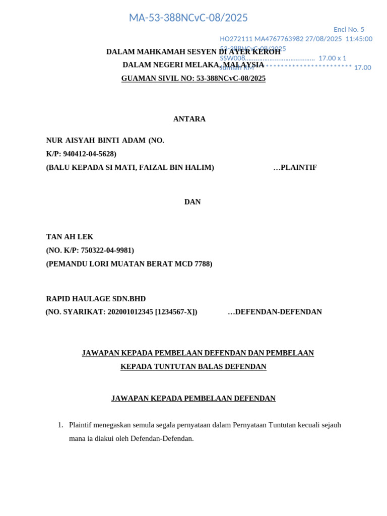 Jawapan Kepada Pembelaan Defendan Dan Pembelaan Kepada Tuntutan Balas Defendan | PDF