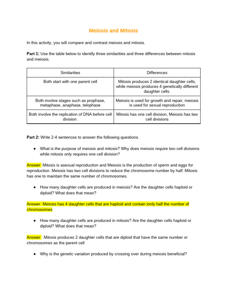 Biology All States S2 Activity 1.4.2 - Meiosis and Mitosis Student ...