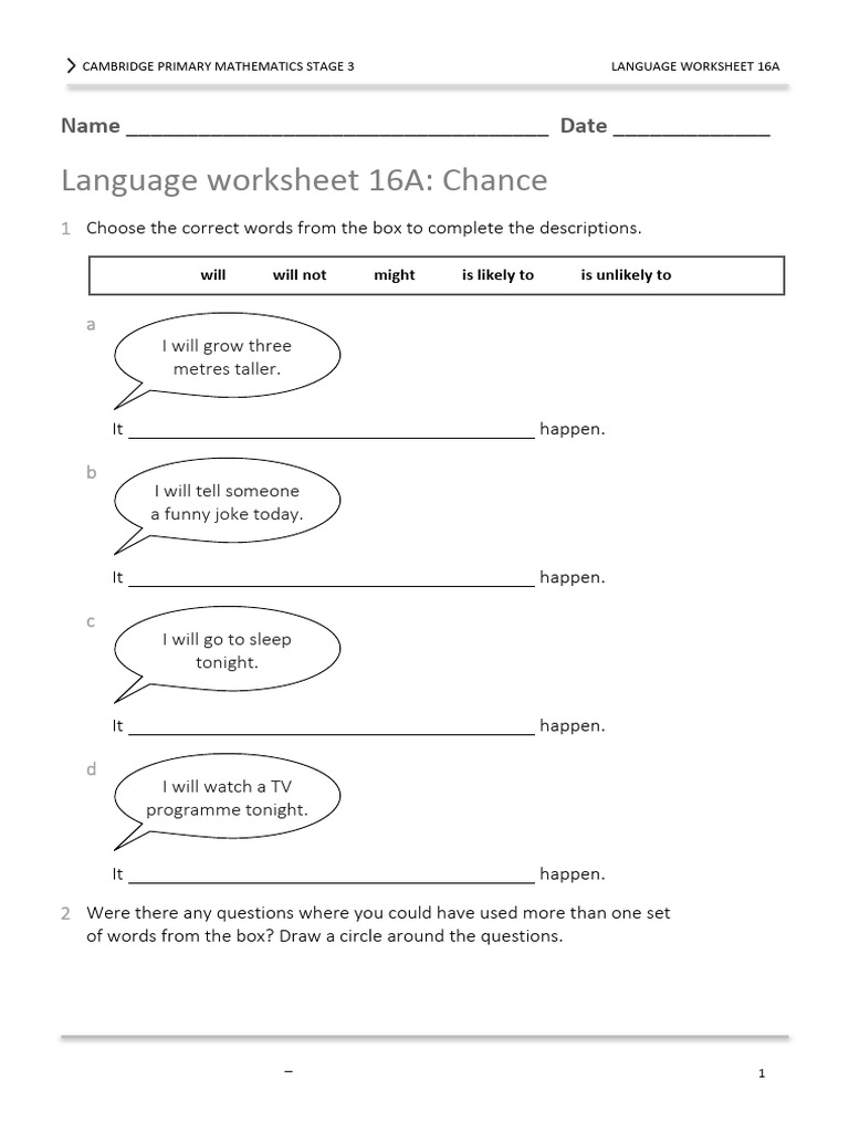 Cambridge Primary Math Stage 3 Language Worksheet | PDF
