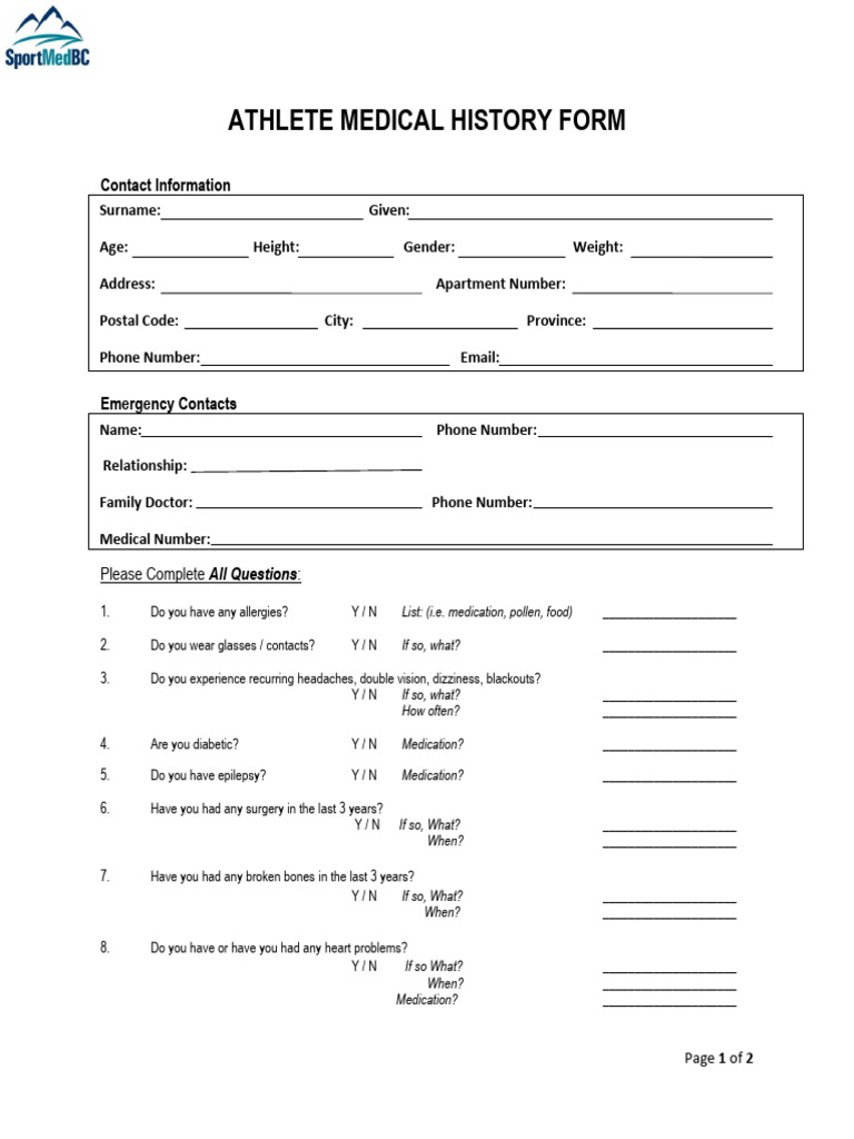 Athlete Medical History Form | PDF